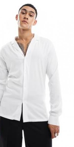 ASOS DESIGN - muscle fit deep revere collar shirt in white