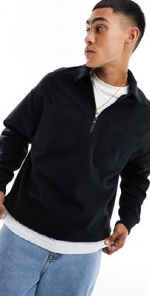 ASOS DESIGN - oversized rugby polo in black fleece