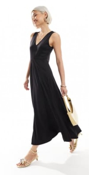 ASOS DESIGN - ponte sleeveless V neck godet midi dress in black-No color