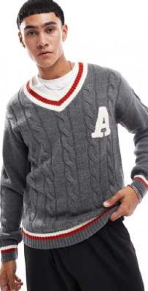 ASOS DESIGN - relaxed cable knit varsity sweater in gray