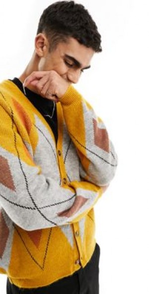 ASOS DESIGN - relaxed knit fluffy cardigan with tile pattern in yellow