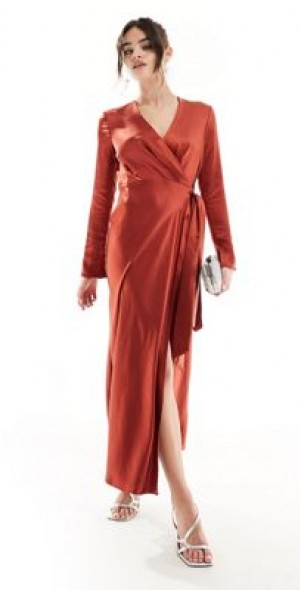 ASOS DESIGN - satin long sleeve wrap detail midaxi dress in rust-Copper