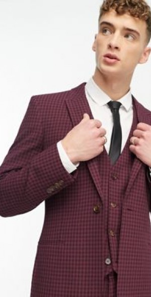 ASOS DESIGN - skinny suit jacket in burgundy gingham-Red