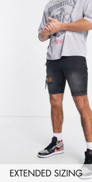 ASOS DESIGN - slim denim shorts in black wash with thigh rips