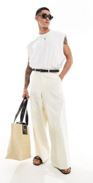 ASOS DESIGN - smart linen blend wide leg pants in ecru-White
