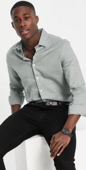 ASOS DESIGN - smart linen shirt in smokey green
