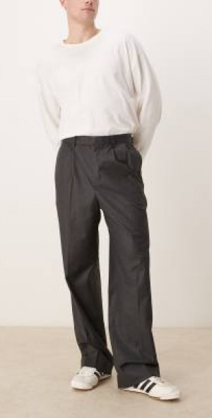 ASOS DESIGN - smart wide leg p with double pleats in charcoal-Gray