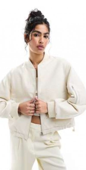 ASOS DESIGN - textured crop bomber jacket in stone-Neutral