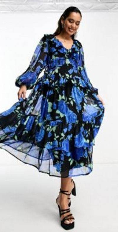 ASOS DESIGN - tiered maxi dress with frills in black based blue floral ...