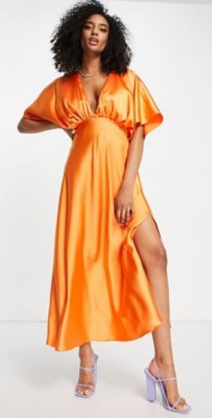 ASOS DESIGN - wrap front batwing sleeve satin midi dress in orange
