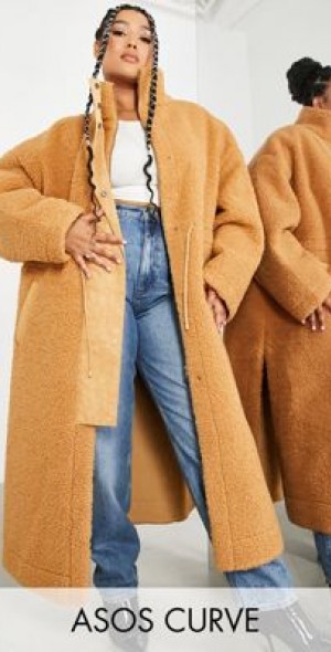 ASOS EDITION - Curve borg funnel neck coat with drawstring in camel-Neutral