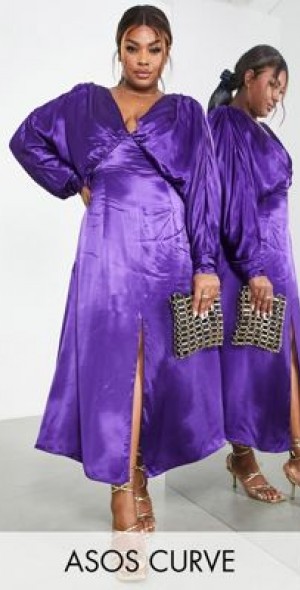 ASOS EDITION - Curve satin drape batwing midi dress in purple