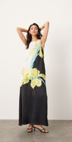 ASOS EDITION - floral embroidered colorblock racer neck maxi dress in black