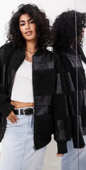 ASOS EDITION - oversized faux leather patchwork bomber jacket in black