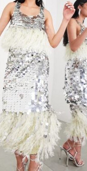 ASOS EDITION - paillette sequin midi skirt with faux feather hem in lemon-Silver