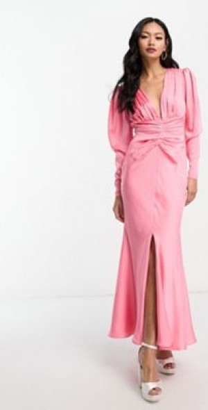 ASOS EDITION - satin plunge midi dress with ruched waist detail in pink