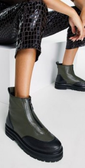 ASRA - Bamboo chunky boots with front zip in khaki leather-Green