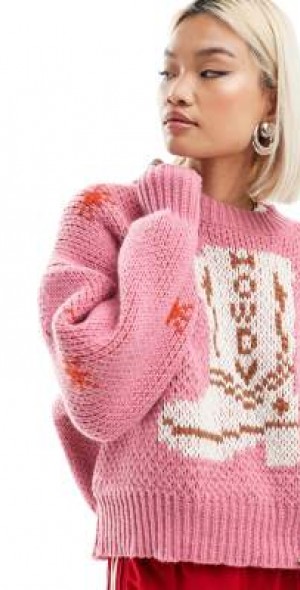 Bailey Rose - chunky knitted sweater in pink with cowboy boot