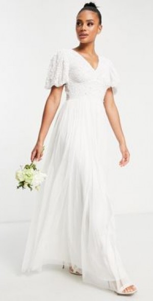 Beauut - Bridal emellished bodice maxi dress with flutter sleeve and tulle skirt in white