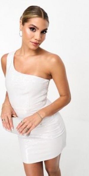 Club L London - one shoulder sequin mini dress in white
