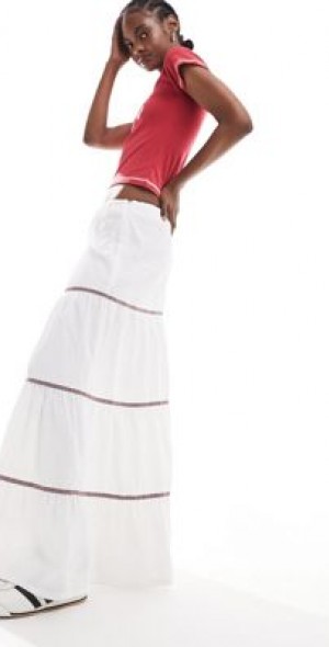 Daisy Street - low rise maxi boho skirt in white with lace trim