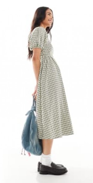 Daisy Street - shirred top puff sleeve midi dress in yellow check
