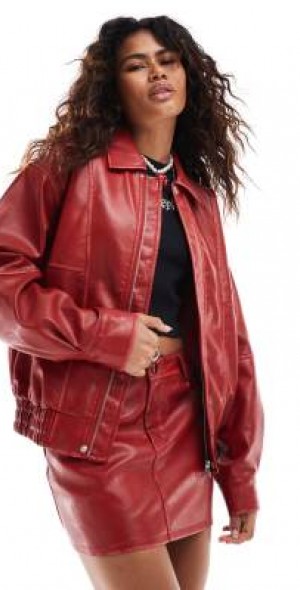 Emory Park - oversized faux leather bomber jacket in distressed red