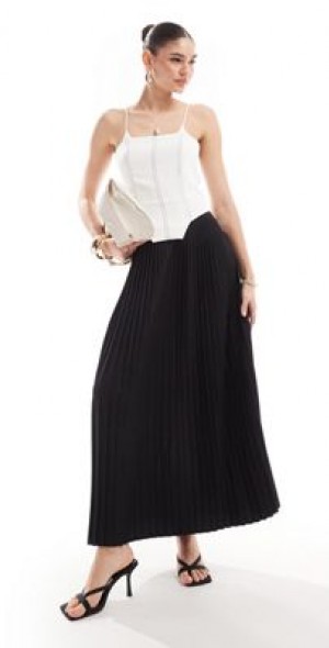 Extro & Vert - corset contrast midi dress with pleated skirt in mono-Black