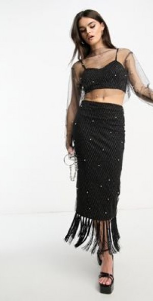 Extro & Vert - Premium maxi skirt with pearl embellished layer & fringe ...