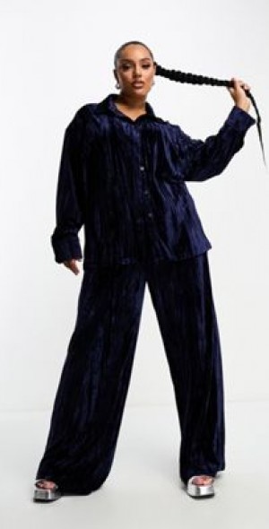 Extro & Vert Plus - wide leg velvet pants in midnight blue - part of a set