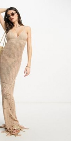 Flook - premium emberly crochet fringe beach maxi summer dress in cream-White