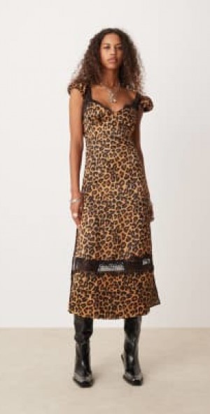 Free People - leopard print lace edge midi dress in multi