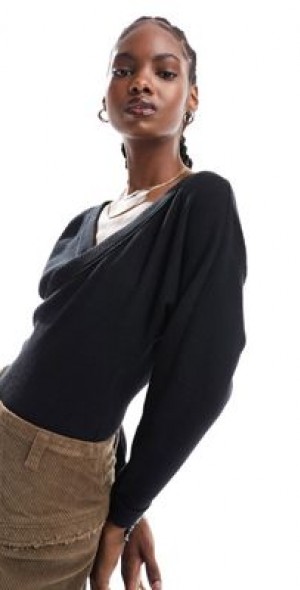 Free People - ribbed wrap long sleeve bodysuit in black