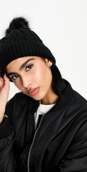 French Connection - cable knit bobble hat in black