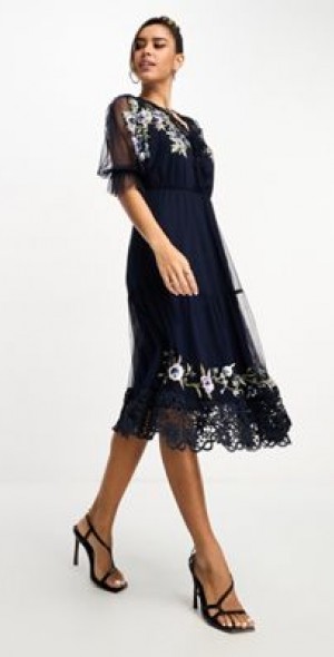 French Connection - embroidered midi dress in navy