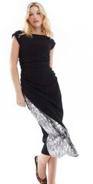 French Connection - jersey midi dress with sequin insert in silver