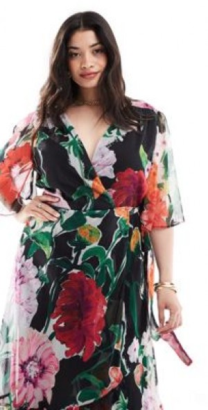 Hope & Ivy Plus - wrap maxi dress in black base floral print