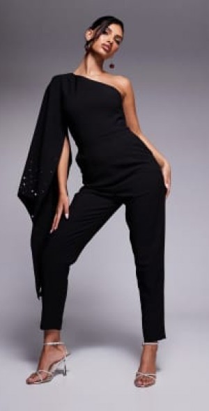 Lavish Alice - ombre embellished one shoulder cape jumpsuit in black