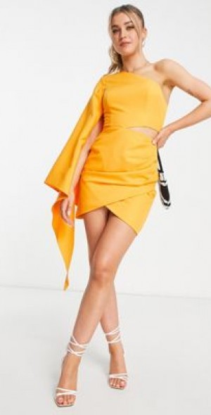 Lavish Alice - one shoulder cape detail mini dress in orange