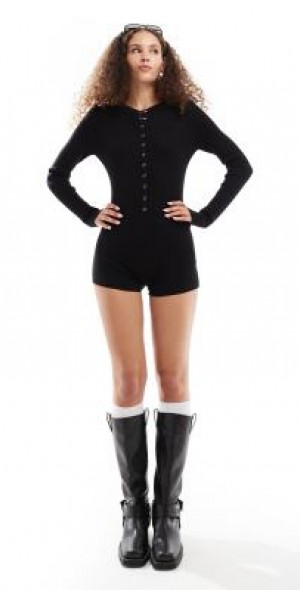 Lioness - long sleeve unitard romper with snaps in black