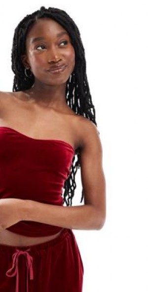 Lioness - velour bandeau top in burgundy - part of a set-Red