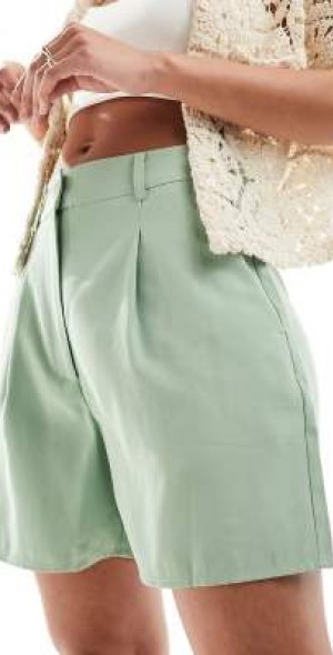Mango - linen pintuck shorts in sage green