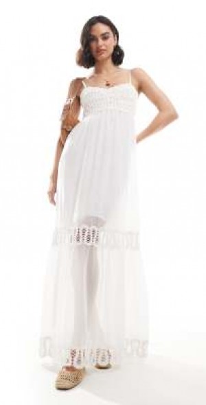 Mango - premium embroidered midi dress in white