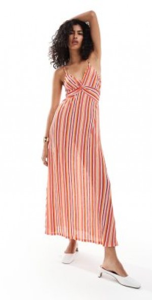 Mango - striped cami midi dress in pink and orange