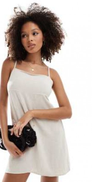 Miss Selfridge - empire seam linen look mini dress in stone-Neutral