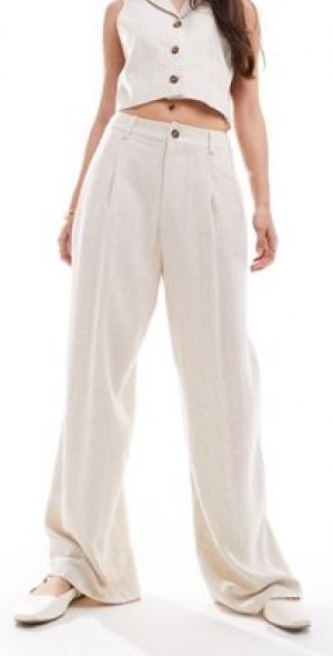 Miss Selfridge - linen blend tailored wide leg pants in natural slub ...