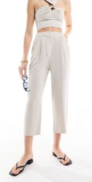 Miss Selfridge - linen mix stripe pull on tapered pants in natural-Neutral