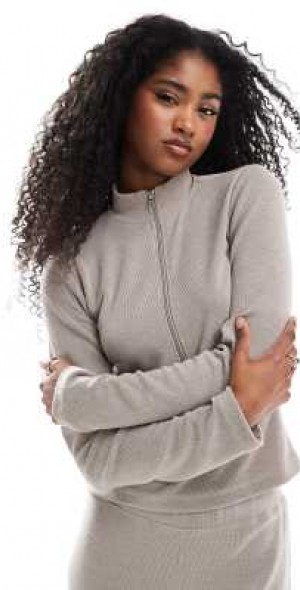 Miss Selfridge - soft touch rib half zip top in mushroom - part of a ...