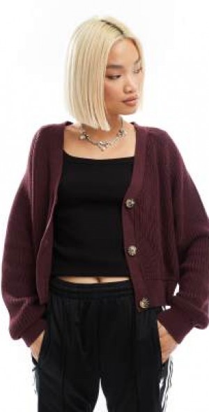 Monki - cable ribbed knit cardigan in burgundy-Red