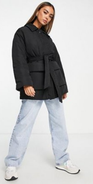 Monki - padded shiny belted jacket in black